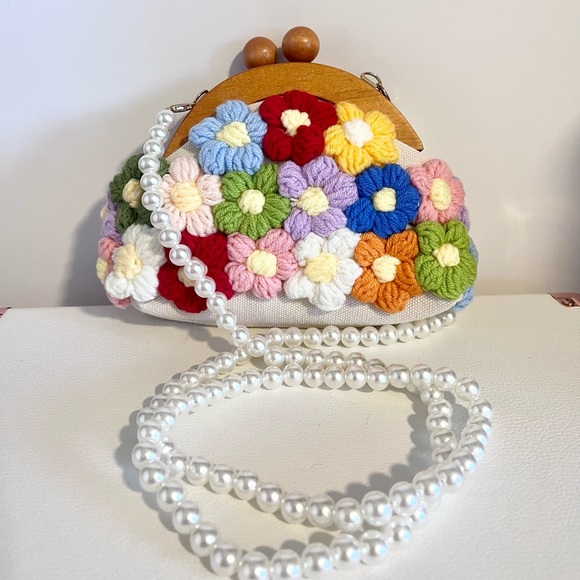 Bags | Floral Knit Miniature Satchel With Wood And Faux Pearl Accents ...